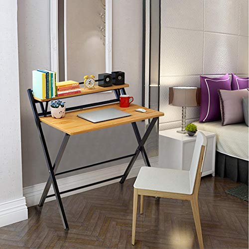 【US Stock】 Folding Study Computer Desk - Writing Desk Portable Lazy Foldable Table Laptop Desk Simple Computer Desk with Shelf for Small Space,Free Installation Home Office Desk (Khaki)