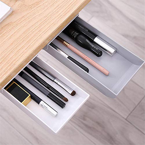 Under Desk Drawer Organizer, Hidden Self-Adhesive Pencil Tray Drawer, Free-drilling Under Table Hidden Storage Box, Stationery Pencil Storage Drawer Organizer for Office School Kitchen (Gray 2 Pack)