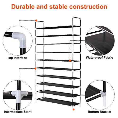 ERONE Shoe Rack Organizer, Tall Shoe Storage for Closets Non-Woven Fabric Metal Sturdy Shoe Shelf Tower Cabinet for Entryway (Black, 10 Tier)