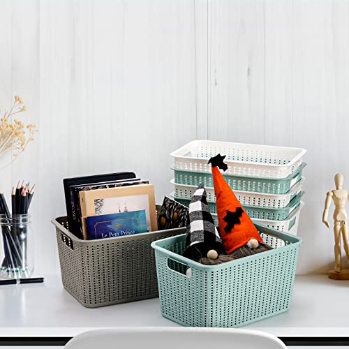 WUWEOT 9 Pack Plastic Storage Basket Bins Organizer, Cabinet and Shelf Basket with Handle,10" L x 6.8" W x 5.5" H, 3 Colors