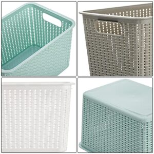 WUWEOT 9 Pack Plastic Storage Basket Bins Organizer, Cabinet and Shelf Basket with Handle,10" L x 6.8" W x 5.5" H, 3 Colors