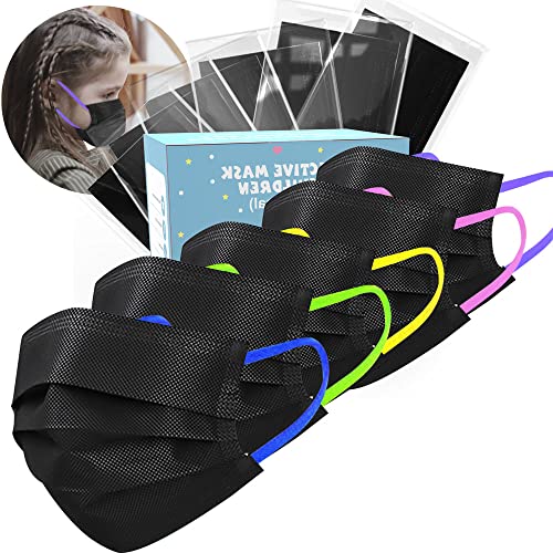 Sheal Kids 100PCS Individually Packaged Black with Colorful Elastic Earloops Disposable Face Masks Perfect Size for Children ( 4-12 Years)