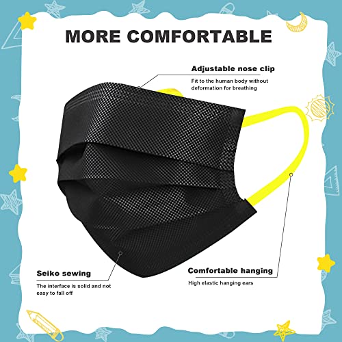 Sheal Kids 100PCS Individually Packaged Black with Colorful Elastic Earloops Disposable Face Masks Perfect Size for Children ( 4-12 Years)