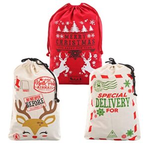 joyin 3 packs christmas gift bags, santa burlap sack with drawstring 26" x 19" for large xmas package storage, event party supplies, christmas party favors