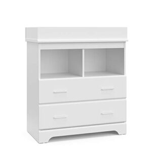 storkcraft brookside 2 drawer changing table dresser (white) – for nursery with table topper, chest of drawers for bedroom, universal design