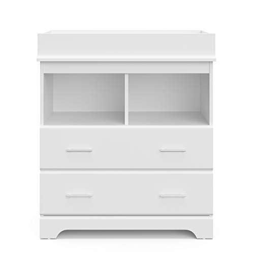 Storkcraft Brookside 2 Drawer Changing Table Dresser (White) – for Nursery with Table Topper, Chest of Drawers for Bedroom, Universal Design