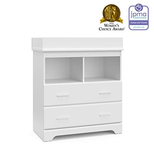 Storkcraft Brookside 2 Drawer Changing Table Dresser (White) – for Nursery with Table Topper, Chest of Drawers for Bedroom, Universal Design