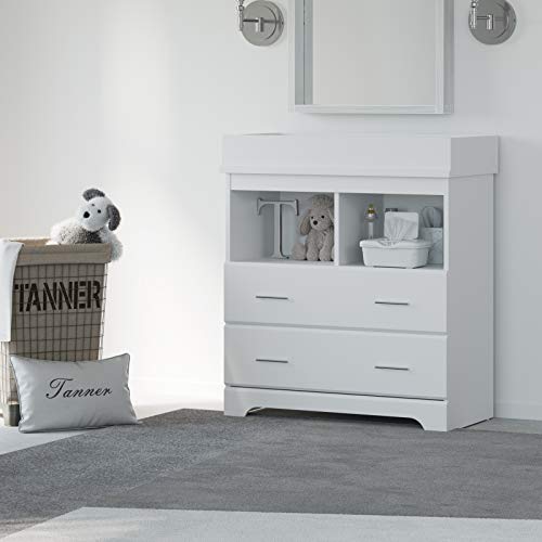 Storkcraft Brookside 2 Drawer Changing Table Dresser (White) – for Nursery with Table Topper, Chest of Drawers for Bedroom, Universal Design