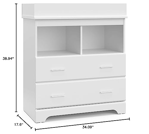 Storkcraft Brookside 2 Drawer Changing Table Dresser (White) – for Nursery with Table Topper, Chest of Drawers for Bedroom, Universal Design