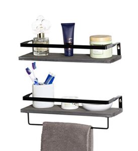 floating shelves wall mounted storage shelves for kitchen , bathroom, bedroom,living room,office. set of 2 gray wood shelf with removable towel holder, strong black metal rail frame. color grey