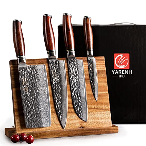 YARENH Cleaver Knife Set with Magnetic Block, 5 Piece Professional Sharp Chef Knives for Kitchen, Damascus Stainless Steel, 73 Layers, Full Tang, Sandalwood Wood Handle