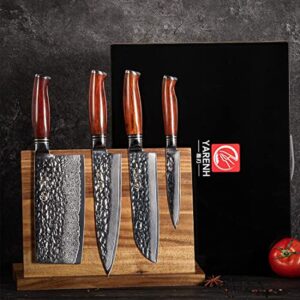 YARENH Cleaver Knife Set with Magnetic Block, 5 Piece Professional Sharp Chef Knives for Kitchen, Damascus Stainless Steel, 73 Layers, Full Tang, Sandalwood Wood Handle