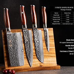 YARENH Cleaver Knife Set with Magnetic Block, 5 Piece Professional Sharp Chef Knives for Kitchen, Damascus Stainless Steel, 73 Layers, Full Tang, Sandalwood Wood Handle