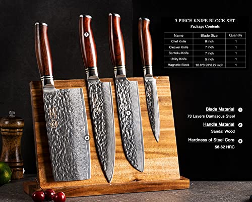 YARENH Cleaver Knife Set with Magnetic Block, 5 Piece Professional Sharp Chef Knives for Kitchen, Damascus Stainless Steel, 73 Layers, Full Tang, Sandalwood Wood Handle