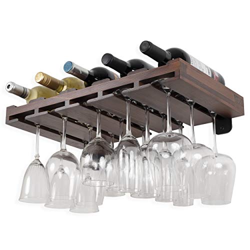 Rustic State Palomino Wall Mounted Wood Floating Wine Liquor Bottle Rack with Glassware Holder Stemware Shelf Storage Organizer - Home, Kitchen, Dining Room, Bar Décor - Walnut Stained