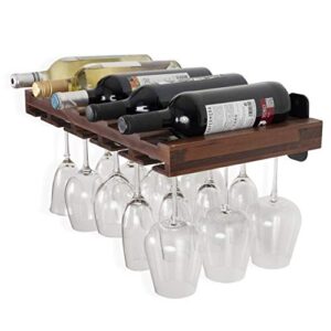 Rustic State Palomino Wall Mounted Wood Floating Wine Liquor Bottle Rack with Glassware Holder Stemware Shelf Storage Organizer - Home, Kitchen, Dining Room, Bar Décor - Walnut Stained