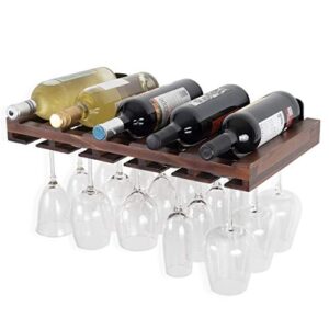 Rustic State Palomino Wall Mounted Wood Floating Wine Liquor Bottle Rack with Glassware Holder Stemware Shelf Storage Organizer - Home, Kitchen, Dining Room, Bar Décor - Walnut Stained