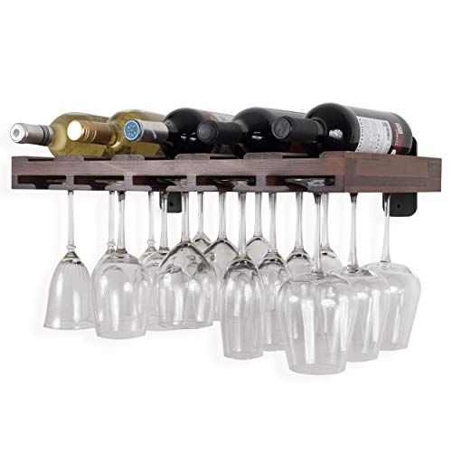 Rustic State Palomino Wall Mounted Wood Floating Wine Liquor Bottle Rack with Glassware Holder Stemware Shelf Storage Organizer - Home, Kitchen, Dining Room, Bar Décor - Walnut Stained