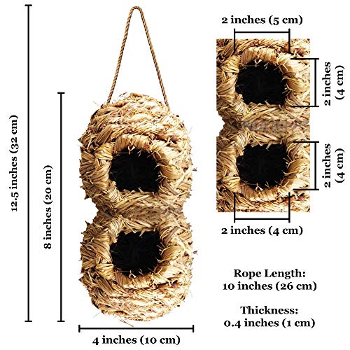 Meric Bird Nest Hut with 2 Pockets, Hand-Woven Grass Hanging House, Secure Hideaway and Shelter for Finch, Canaries, Chickadee, House Wren, Hummingbird, Sparrow, 1 Piece