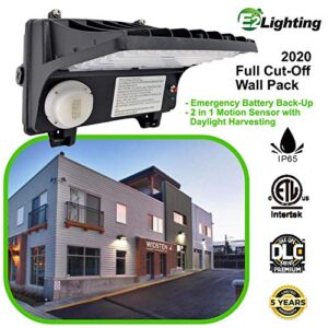 E2 Lighting-LED Full Cut-Off Wall pack-60W with 2-in-1 Motion Sensor and Daylight Harvest, 90 Minutes Emergency Battery Backup, Wall Mount, dimmable, ROHS - UL, and DLC Certified