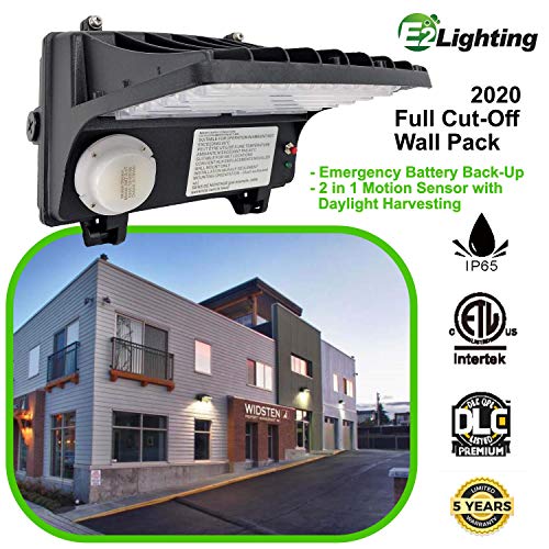 E2 Lighting-LED Full Cut-Off Wall pack-60W with 2-in-1 Motion Sensor and Daylight Harvest, 90 Minutes Emergency Battery Backup, Wall Mount, dimmable, ROHS - UL, and DLC Certified