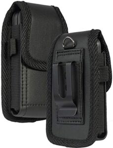 flip phone case, nakedcellphone black vegan leather vertical pouch [with belt loop, metal clip, magnetic closure] for alcatel go flip v, myflip, tcl flip pro classic, cingular flip 4, nokia 2720 2760