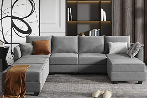 HONBAY Modular Sectional Sofa U Shaped Sectional Couch with Ottomans Reversible Modular Sofa 7 Seater Couch with Storage Seat, Grey