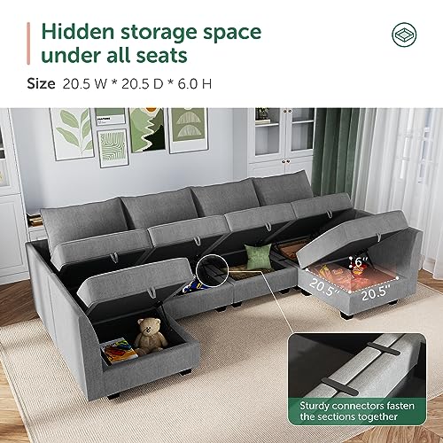 HONBAY Modular Sectional Sofa U Shaped Sectional Couch with Ottomans Reversible Modular Sofa 7 Seater Couch with Storage Seat, Grey