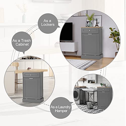 ONG Tilt Out Trash Cabinet Free Standing Kitchen Wooden Trash Can New Upgrade Recycling Cabinet, Hideaway Trash Holder, Kitchen Waste Bin, W/Drawer(Gray)