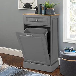 ONG Tilt Out Trash Cabinet Free Standing Kitchen Wooden Trash Can New Upgrade Recycling Cabinet, Hideaway Trash Holder, Kitchen Waste Bin, W/Drawer(Gray)