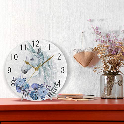 Unicorn Silent Round Wall Clock,Flowers Non-Ticking Decorative Battery Operated Quiet Clock for Living Room Home Office School Kitchen,Small, 9 Incl Desk Clock