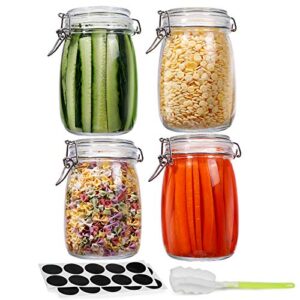 fixwal 32oz 4 pack glass jars with airtight lid, airtight glass jar with lids for food and pantry, wide mouth mason jars with hinged lids jars airtight glass food containers (labels & leak proof rubb