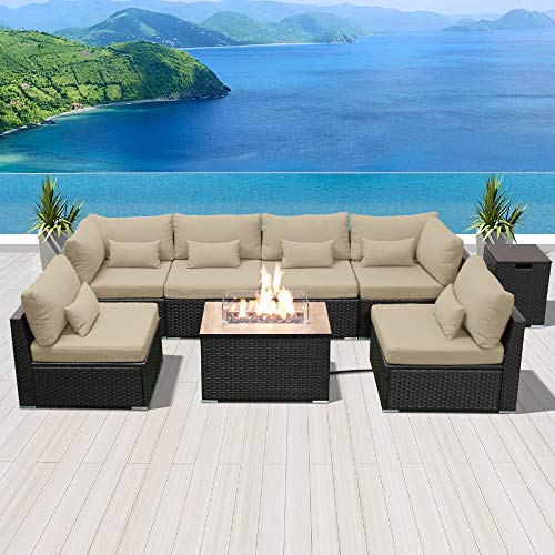 Dineli Patio Furniture Sectional Sofa with Gas Fire Pit Table Outdoor Patio Furniture Sets Propane Fire Pit (Light Beige-Rectangular Table)