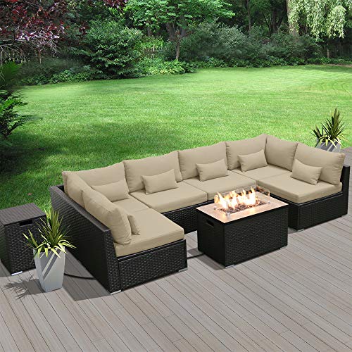 Dineli Patio Furniture Sectional Sofa with Gas Fire Pit Table Outdoor Patio Furniture Sets Propane Fire Pit (Light Beige-Rectangular Table)