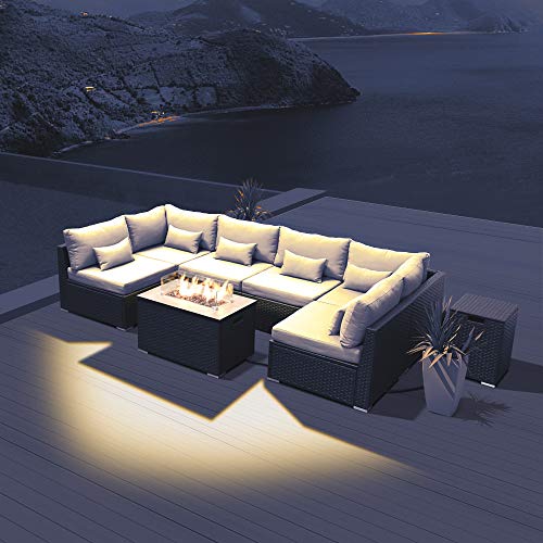 Dineli Patio Furniture Sectional Sofa with Gas Fire Pit Table Outdoor Patio Furniture Sets Propane Fire Pit (Light Beige-Rectangular Table)