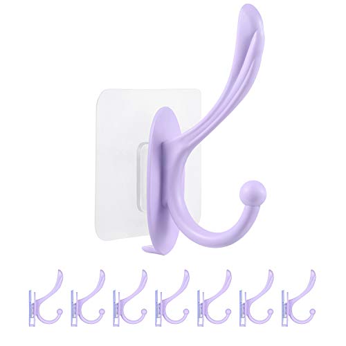 Coat Hook 8 Pack Split Design Heavy Duty Transparent Reusable Seamless Wall Mounted Double Removable Hooks for Coat,Scarf,Bag,Towel,Key,Cap,Cup,Hat(Purple)