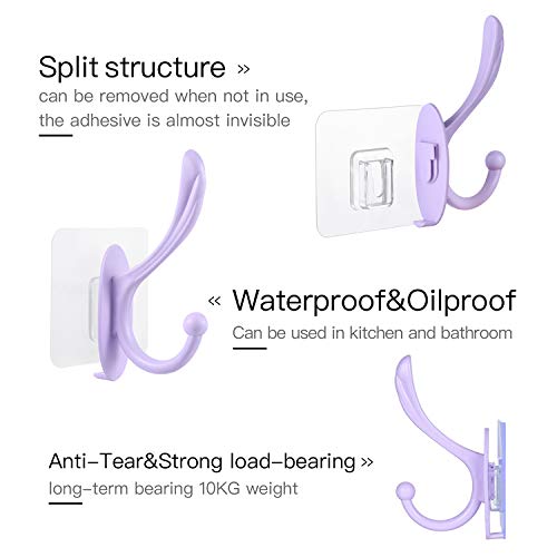 Coat Hook 8 Pack Split Design Heavy Duty Transparent Reusable Seamless Wall Mounted Double Removable Hooks for Coat,Scarf,Bag,Towel,Key,Cap,Cup,Hat(Purple)