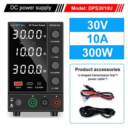 DC Power Supply Variable, Adjustable Switching Regulated Power Supply (30 V 0-10A) with Encoder Coarse & Fine Adjustments Knob, Beach Power Supply with USB & Type-C Quick-Charge Interface