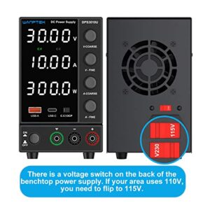 DC Power Supply Variable, Adjustable Switching Regulated Power Supply (30 V 0-10A) with Encoder Coarse & Fine Adjustments Knob, Beach Power Supply with USB & Type-C Quick-Charge Interface