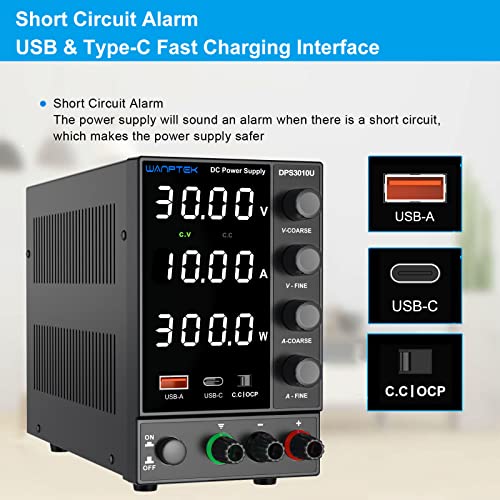 DC Power Supply Variable, Adjustable Switching Regulated Power Supply (30 V 0-10A) with Encoder Coarse & Fine Adjustments Knob, Beach Power Supply with USB & Type-C Quick-Charge Interface