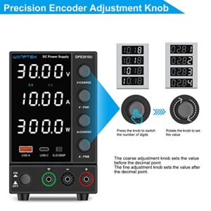 DC Power Supply Variable, Adjustable Switching Regulated Power Supply (30 V 0-10A) with Encoder Coarse & Fine Adjustments Knob, Beach Power Supply with USB & Type-C Quick-Charge Interface