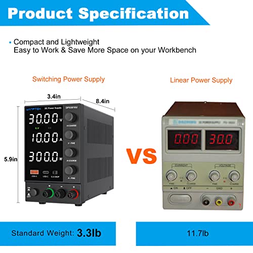 DC Power Supply Variable, Adjustable Switching Regulated Power Supply (30 V 0-10A) with Encoder Coarse & Fine Adjustments Knob, Beach Power Supply with USB & Type-C Quick-Charge Interface