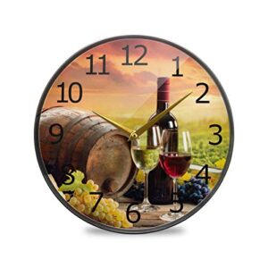 alaza barrel wineglasses cheese bottle vineyard sunset acrylic painted silent non-ticking round wall clock, 12 inch battery operated quiet bathroom clock for living room bedroom kitchen office decor