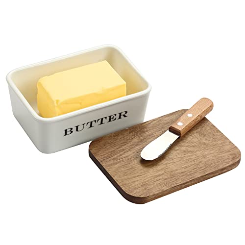 everous Butter Dish - Beautiful Farmhouse Kitchen Decor Butter Container With Wooden Lid and Knife(White)