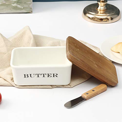 everous Butter Dish - Beautiful Farmhouse Kitchen Decor Butter Container With Wooden Lid and Knife(White)