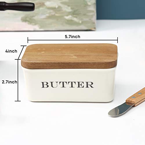 everous Butter Dish - Beautiful Farmhouse Kitchen Decor Butter Container With Wooden Lid and Knife(White)