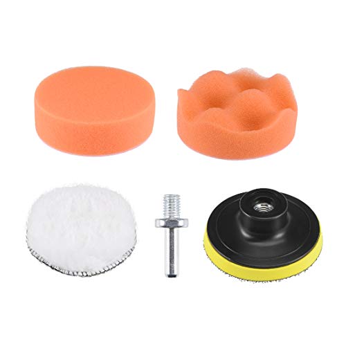 uxcell 3" Foam Drill Polishing Pad Kit, 1pcs Flat 1pcs Waved Sponge Pads Orange 1pcs Wool Pad 1pcs Hook and Loop Backing Pad 1pcs M10 Drill Adapter