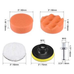 uxcell 3" Foam Drill Polishing Pad Kit, 1pcs Flat 1pcs Waved Sponge Pads Orange 1pcs Wool Pad 1pcs Hook and Loop Backing Pad 1pcs M10 Drill Adapter