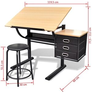 EstaHome Drafting Draft Desk with Stool and 3 Drawers | Tiltable Tabletop Drawing Table Art Desk for Reading, Writing Art Craft Work Station | Natural MDF and Iron Legs | 47" x 23.6" x 30.5"