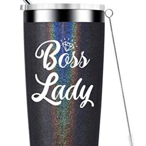 Boss Lady Mug Tumbler-Unique Christmas Birthday Gifts for Women Boss Female Mom Stainelss Steel Wine Tumbler with Staw and Lid Friend Gifts 20oz Glitter charcoal